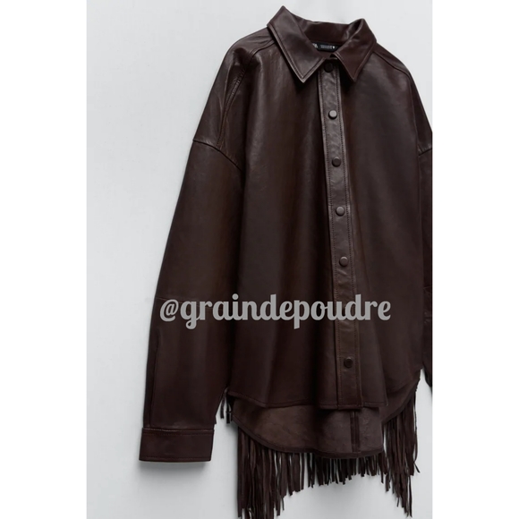 Zara | Jackets & Coats | Zara Chocolate Brown Fringe Leather Overshirt ...